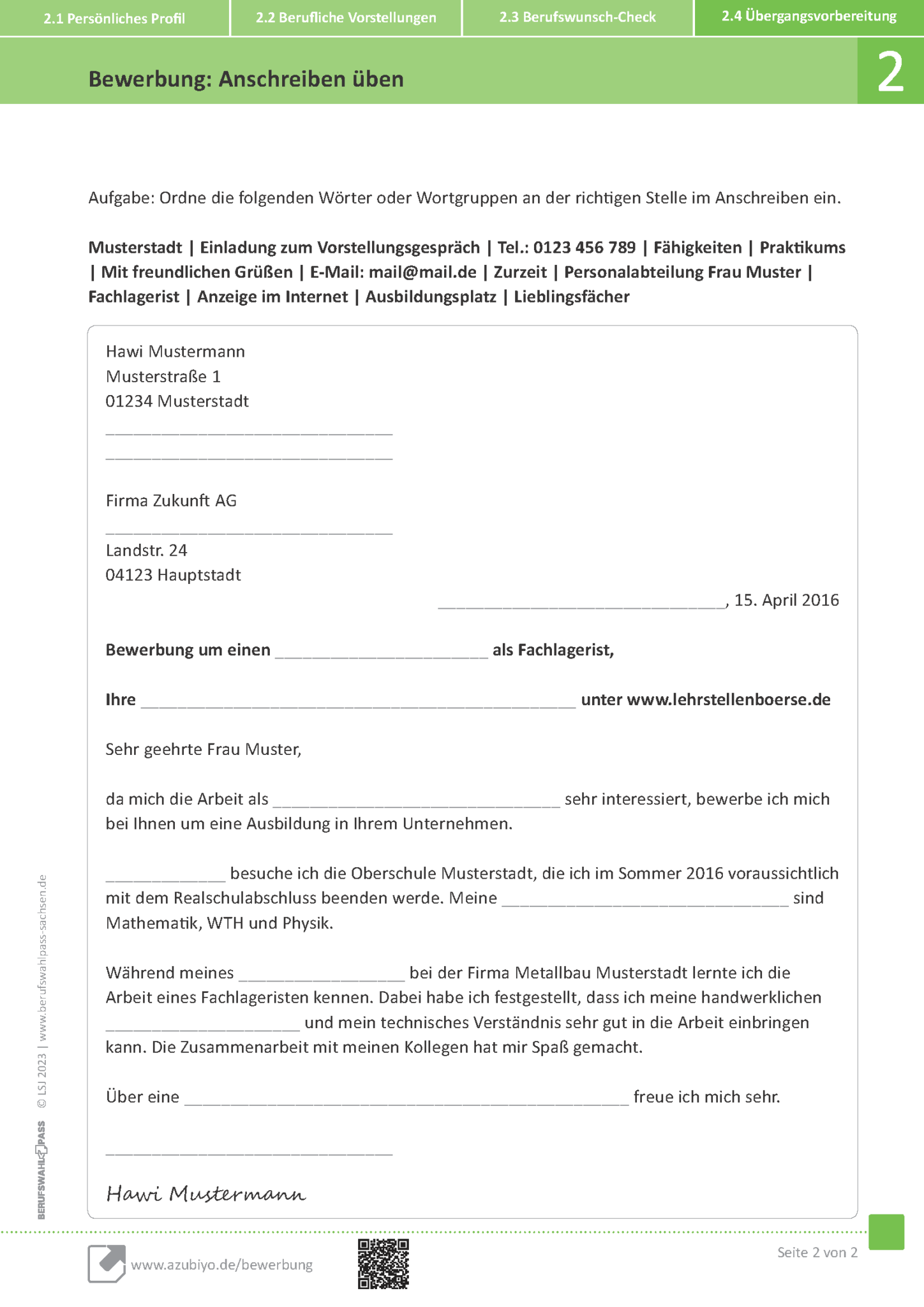 Bewer­bungs­schrei­ben üben – Servicestelle Berufswahlpass